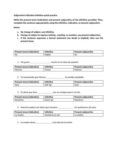 Subjunctive indicative infinitive quick practice | Teaching Resources