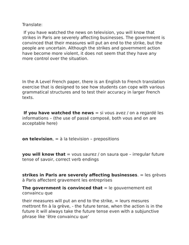 A LEVEL FRENCH TRANSLATION EXERCISE with students marked work ...