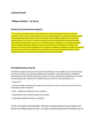 Revision Notes French A LEVEL "Un Secret" - including essay questions ...