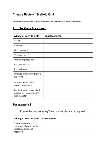 GCSE Drama - Live Theatre Evaluation Scaffold Grid Document. | Teaching ...