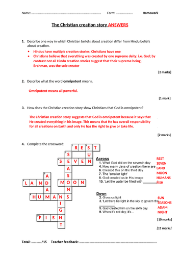 Ks3 Re Christian Creation Homework Worksheet Teaching Resources