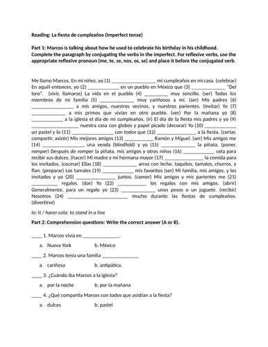 Reading: la fiesta de cumpleaños (Imperfect tense) | Teaching Resources