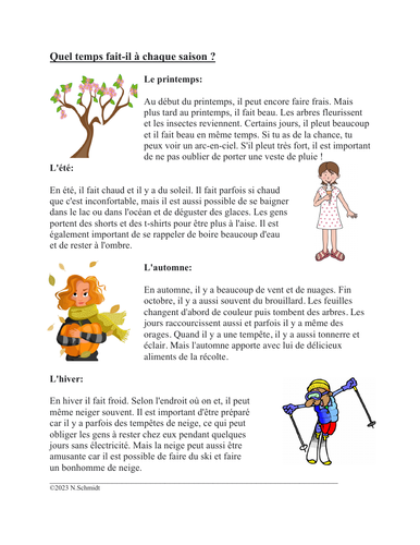 French Seasons and Weather Reading: Quel temps fait-il à chaque saison ...