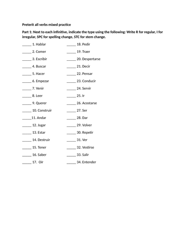 Preterit all verbs mixed practice | Teaching Resources