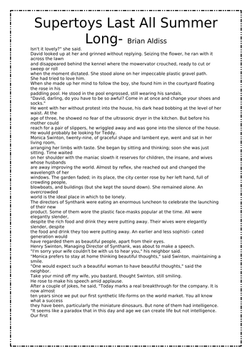 Supertoys Last All Summer Long- Brian Aldiss Comprehension | Teaching ...