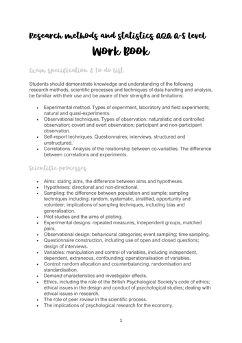 As Level Aqa Psychology Research Methods And Statistics Workbook Teaching Resources