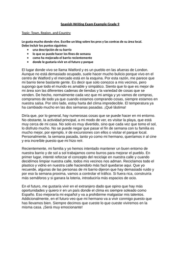 GRADE 9 GCSE Spanish Higher Writing Question- Town and Region ...