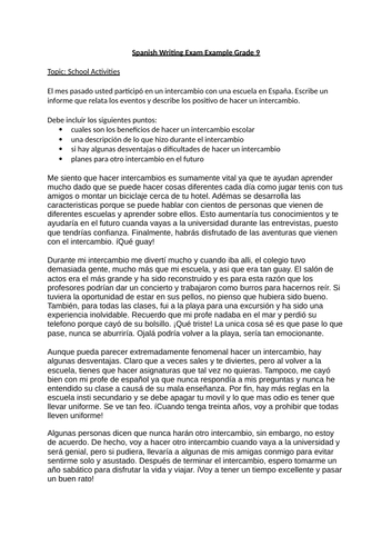 Grade 9 GCSE Spanish Writing Higher Example- School Interchange ...