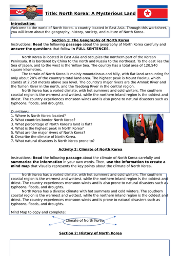 North Korea Worksheet (1 or 2 lessons worth) | Teaching Resources