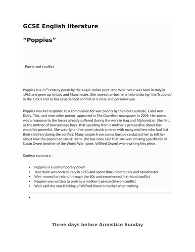 GCSE ENGLISH LITERATURE POETRY ANTHOLOGY "Poppies" | Teaching Resources