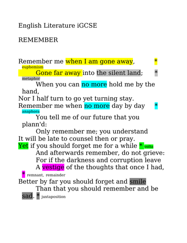 iGCSE ENGLISH LITERATURE poetry analysis 'Remember' | Teaching Resources