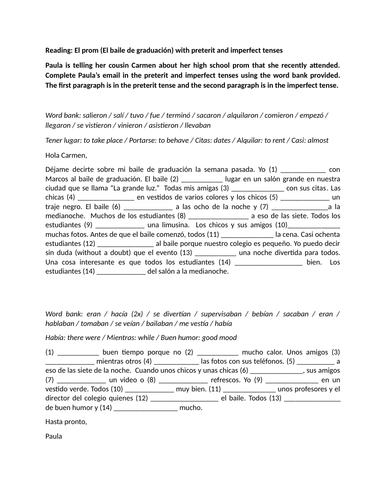 Reading: El prom (El baile de graduación) with preterit and imperfect ...