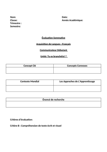 MYP French Summative Assessment - Compréhension Ecrite - Débutant - Tu ...