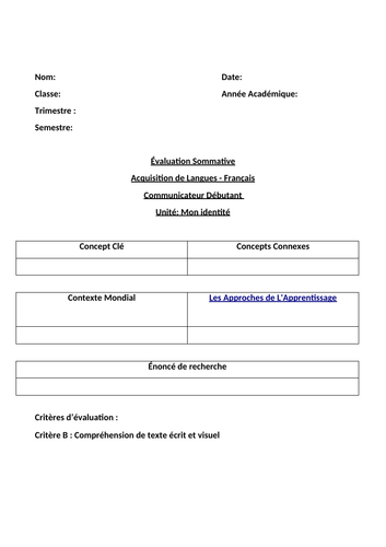 MYP French Summative Assessment - Compréhension Ecrite - Débutant - Mon ...