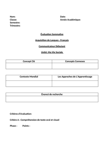 MYP French Summative Assessment - Compréhension Orale - Débutant - Ma ...