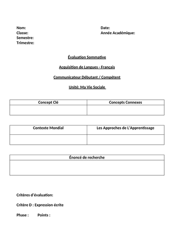 MYP French Summative Assessment - Expression Ecrite - All Phases - Ma ...