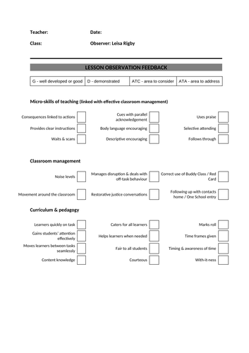 Lesson observation template for prac students and beginning teachers ...