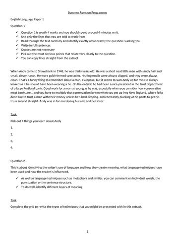 AQA English Language Paper 1 revision Booklet | Teaching Resources