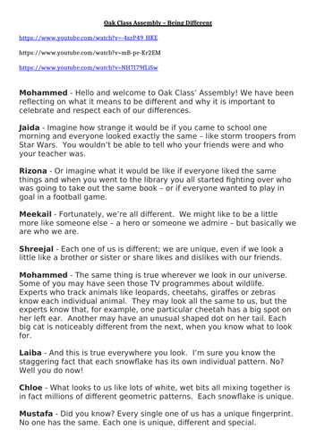 Assembly Script - Being Different (Wonder) | Teaching Resources