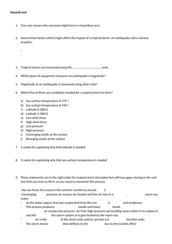 GCSE Hazards 70 mark quick answer quiz test-great for revision lessons ...