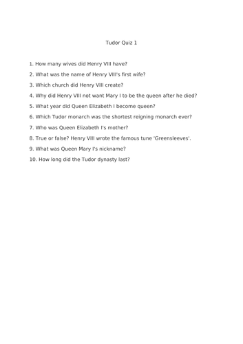 Tudor Quizzes | Teaching Resources