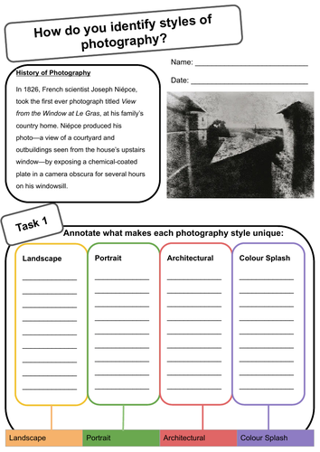 Photography Worksheet - Introduction & Styles | Teaching Resources