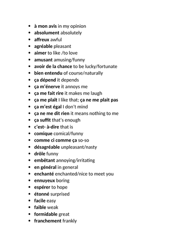 GCSE FRENCH REVISION SHEET - vocabulary and phrases for expressing an ...