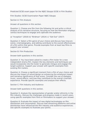 AI Predicted GCSE exam paper for the WJEC Eduqas GCSE in Film Studies ...