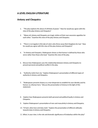 Teaching Resource: A LEVEL ENGLISH LITERATURE 'ANTONY AND CLEOPATRA ...