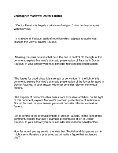 A level English Literature: mock exam questions on Doctor Fausus ...