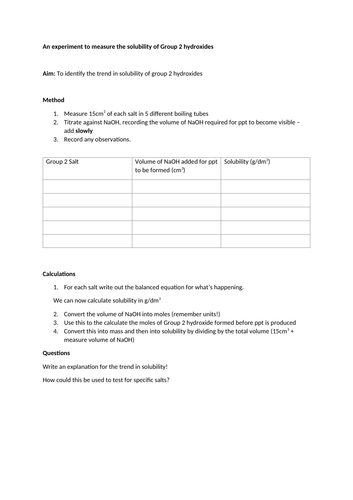 Solubility a group 2 hydroxides experiment | Teaching Resources