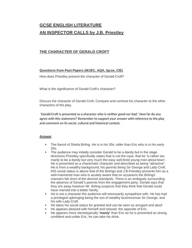 An Inspector Calls revision notes on Gerald Croft - GCSE ENGLISH ...