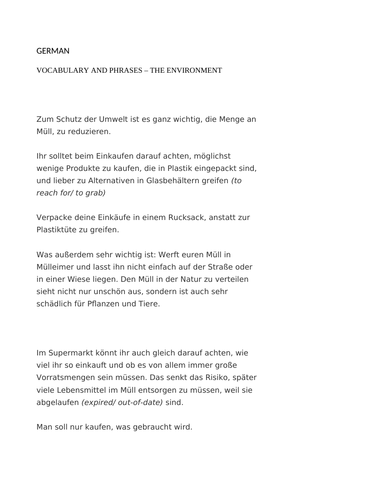 GCSE GERMAN -the environment; global issues - revision sheet | Teaching ...