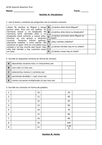 GCSE Baseline Test Spanish | Teaching Resources