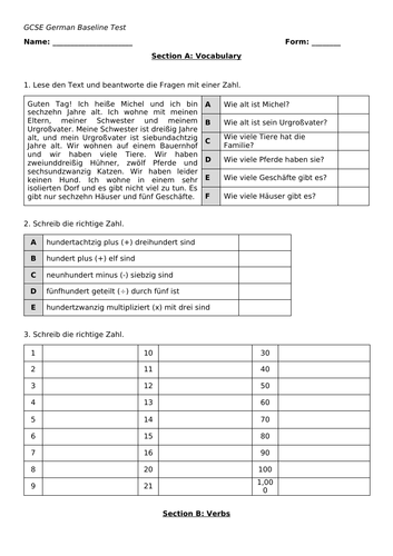GCSE Baseline Test German | Teaching Resources