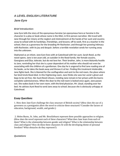 A LEVEL ENGLISH LITERATURE REVISION NOTES JANE EYRE | Teaching Resources
