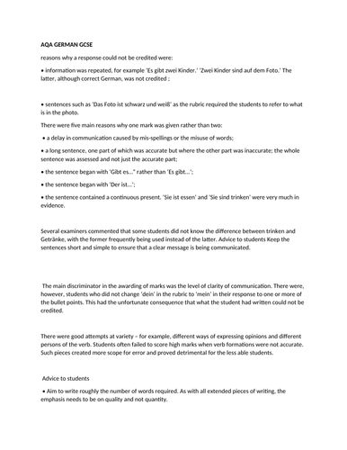 GCSE GERMAN WRITING EXAM common mistakes to avoid | Teaching Resources