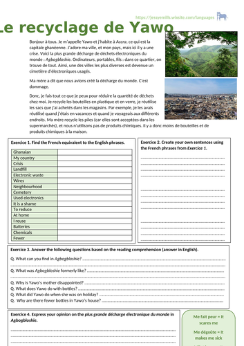 French Reading Comprehension - Environment | Teaching Resources