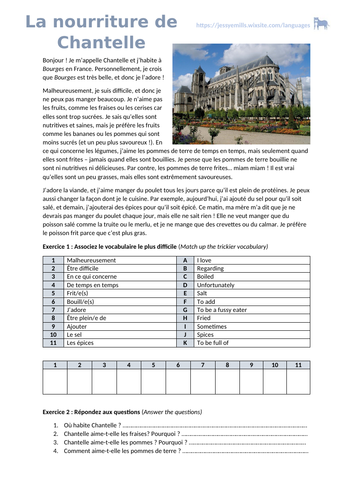 French Reading Comprehension - Food | Teaching Resources