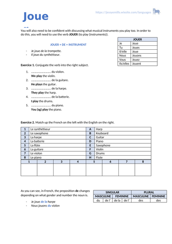 French Worksheet - Instruments and Jouer | Teaching Resources