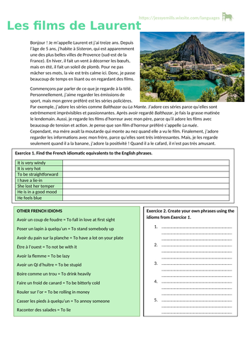 French Reading Comprehension - Films | Teaching Resources