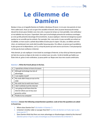 French Reading Comprehension Technology Teaching Resources