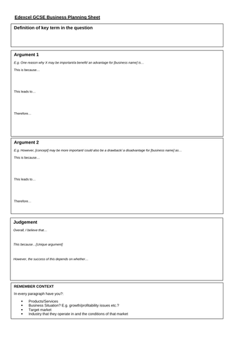 Edexcel GCSE Business 12 Mark Question Planning Sheet | Teaching Resources