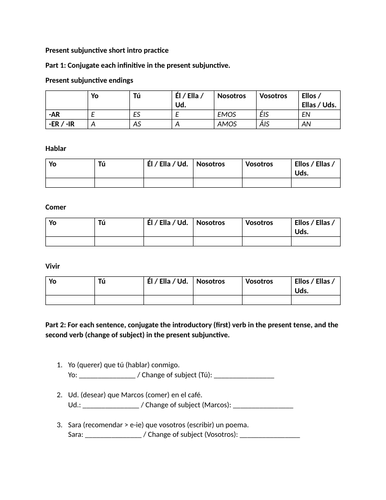 Present Subjunctive Short Intro Practice Teaching Resources