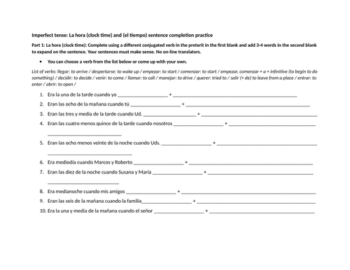 Imperfect tense: La hora y el tiempo sentence completion practice ...