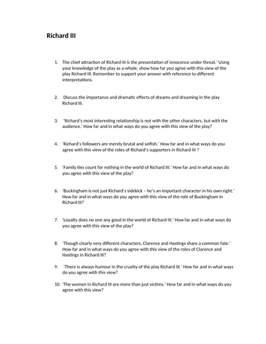 Teaching Resource A LEVEL ENGLISH LITERATURE - essay questions on ...