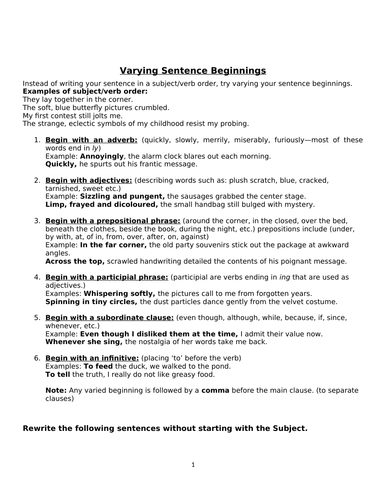 Varied Sentence Beginnings | Teaching Resources