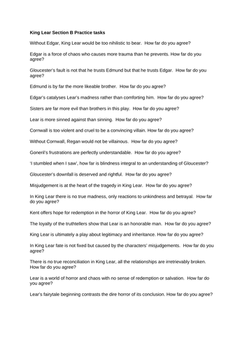 AQA A Level Lit B Tragedy - Section B - King Lear questions | Teaching ...