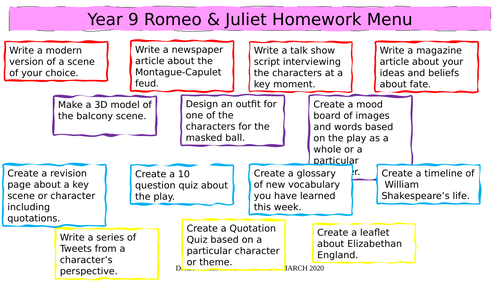 Romeo and Juliet Homework Menu | Teaching Resources