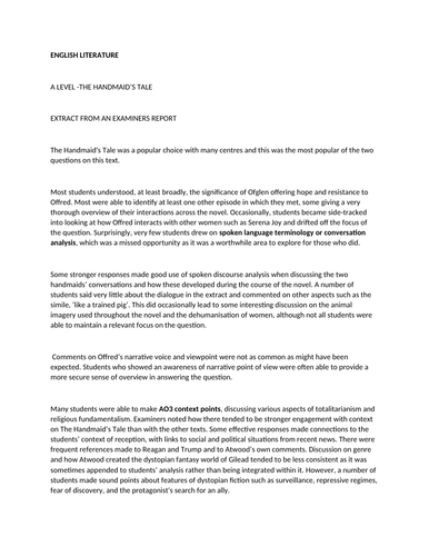 A LEVEL ENGLISH LITERATURE 'THE HANDMAID'S TALE' bank of essay ...